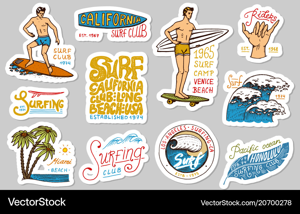 Vintage surfer badges tropical stickers Royalty Free Vector