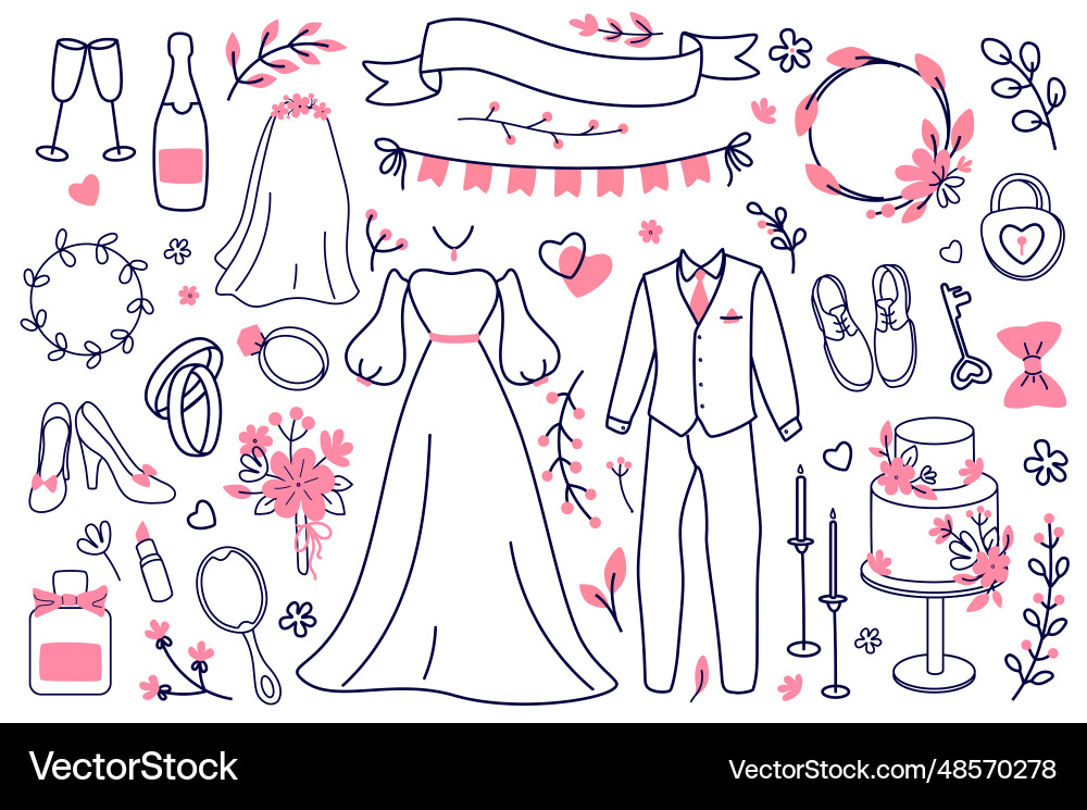 Wedding outline objects mega set in graphic flat Vector Image