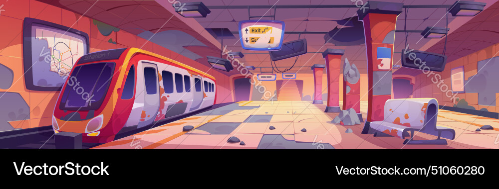 Abandoned subway station with broken train Vector Image