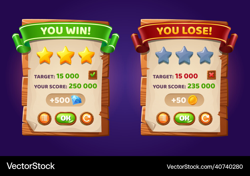 Game ui interface boards with win and lose Vector Image