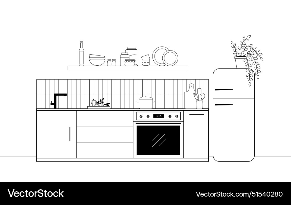 Kitchen interior in line art style Royalty Free Vector Image