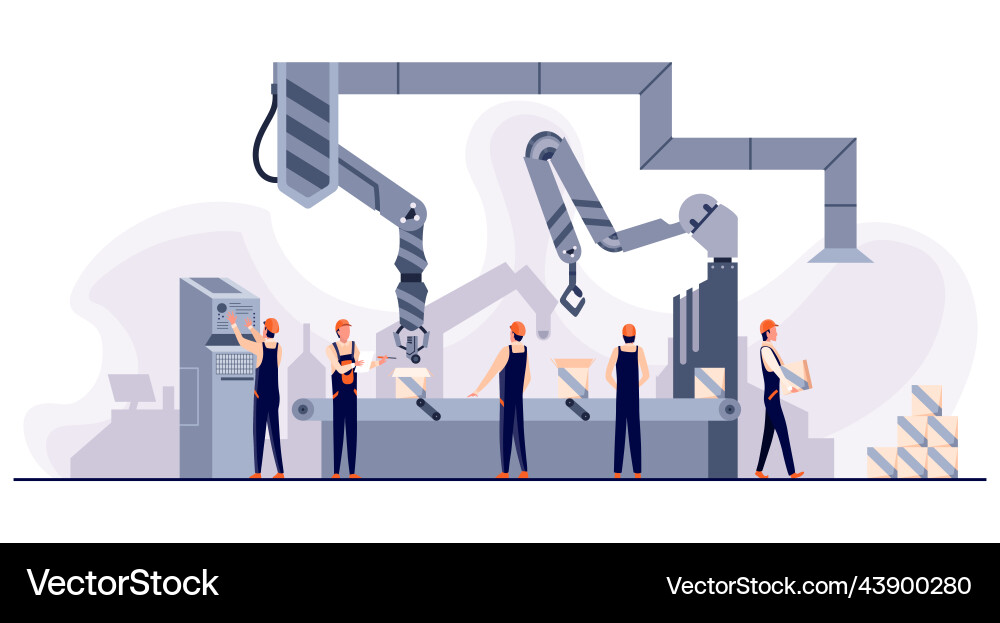 Production line with factory workers and robotic Vector Image