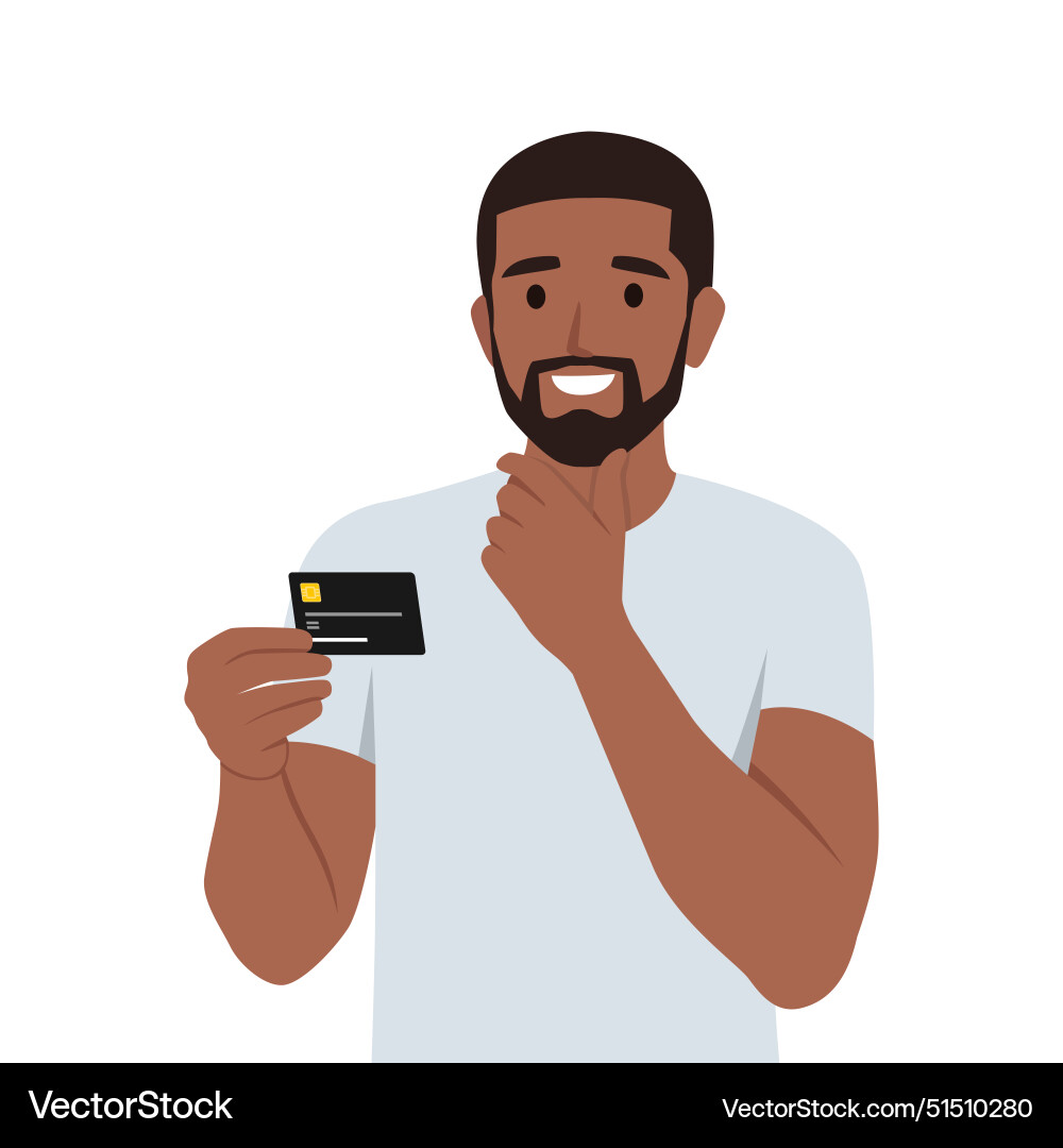 Young man thinking about using black credit card Vector Image