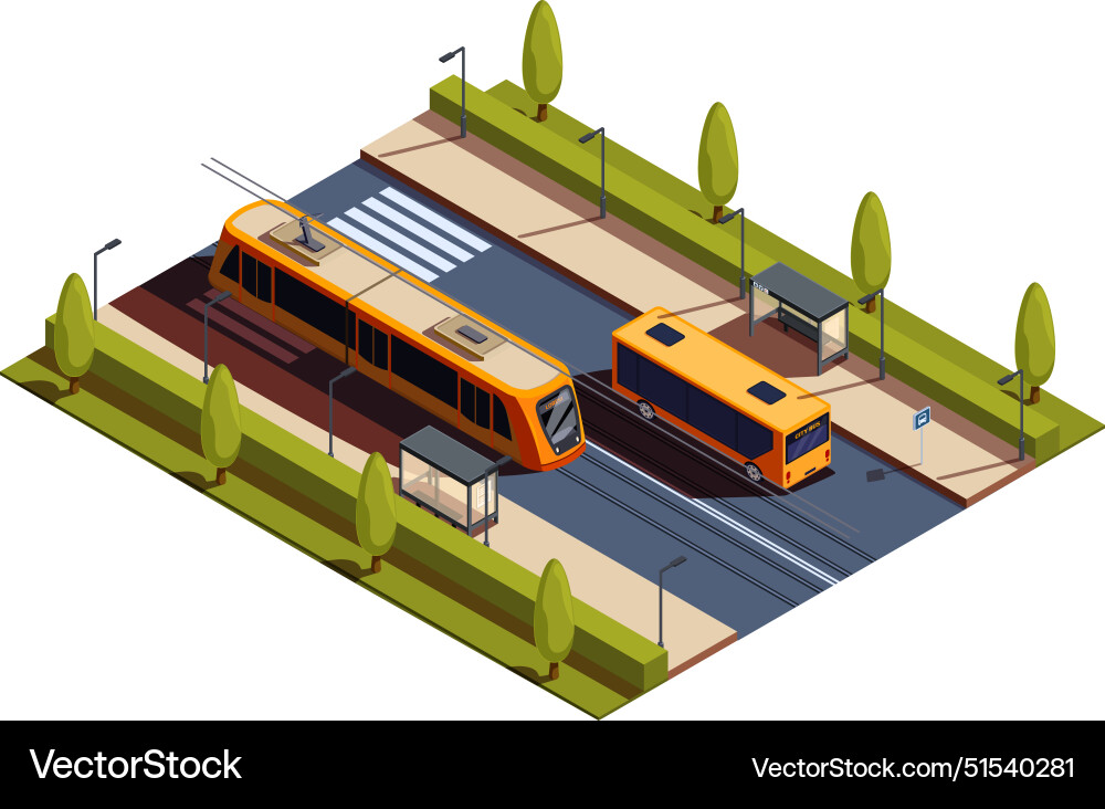 Isometric bus stop with tram and bus Royalty Free Vector