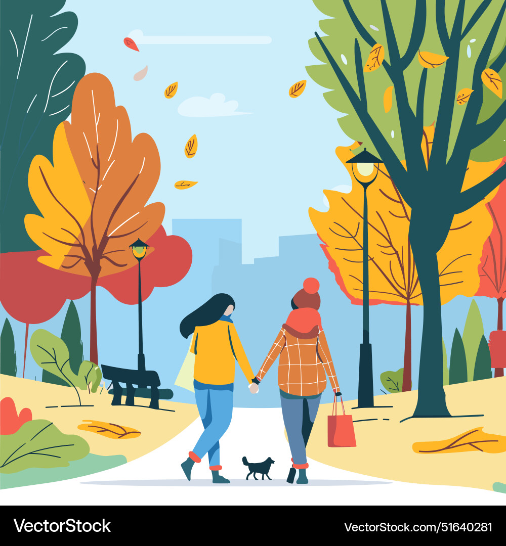 Two women walking through park autumn setting Vector Image