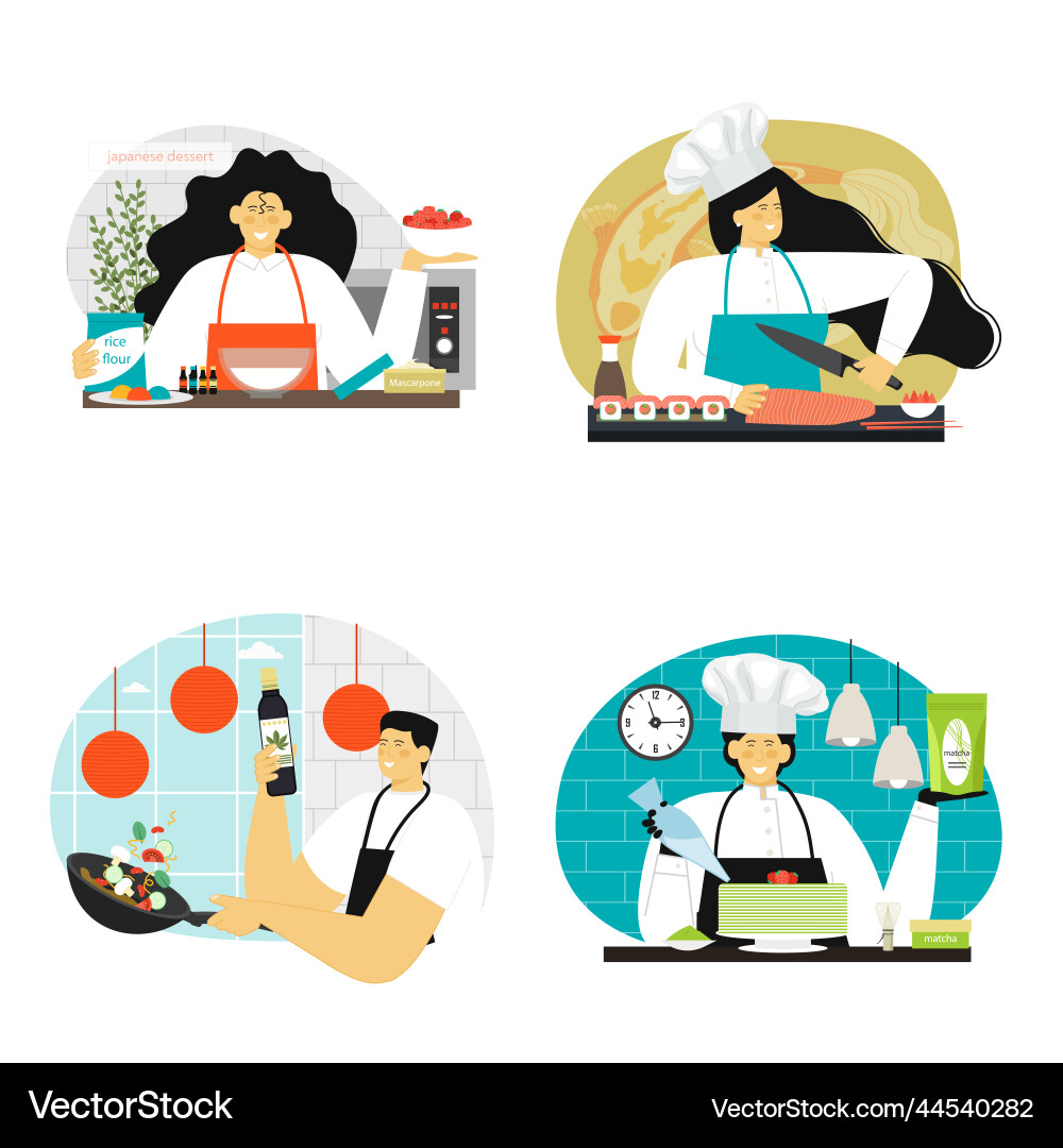 Chef cooking japanese food scene set Royalty Free Vector