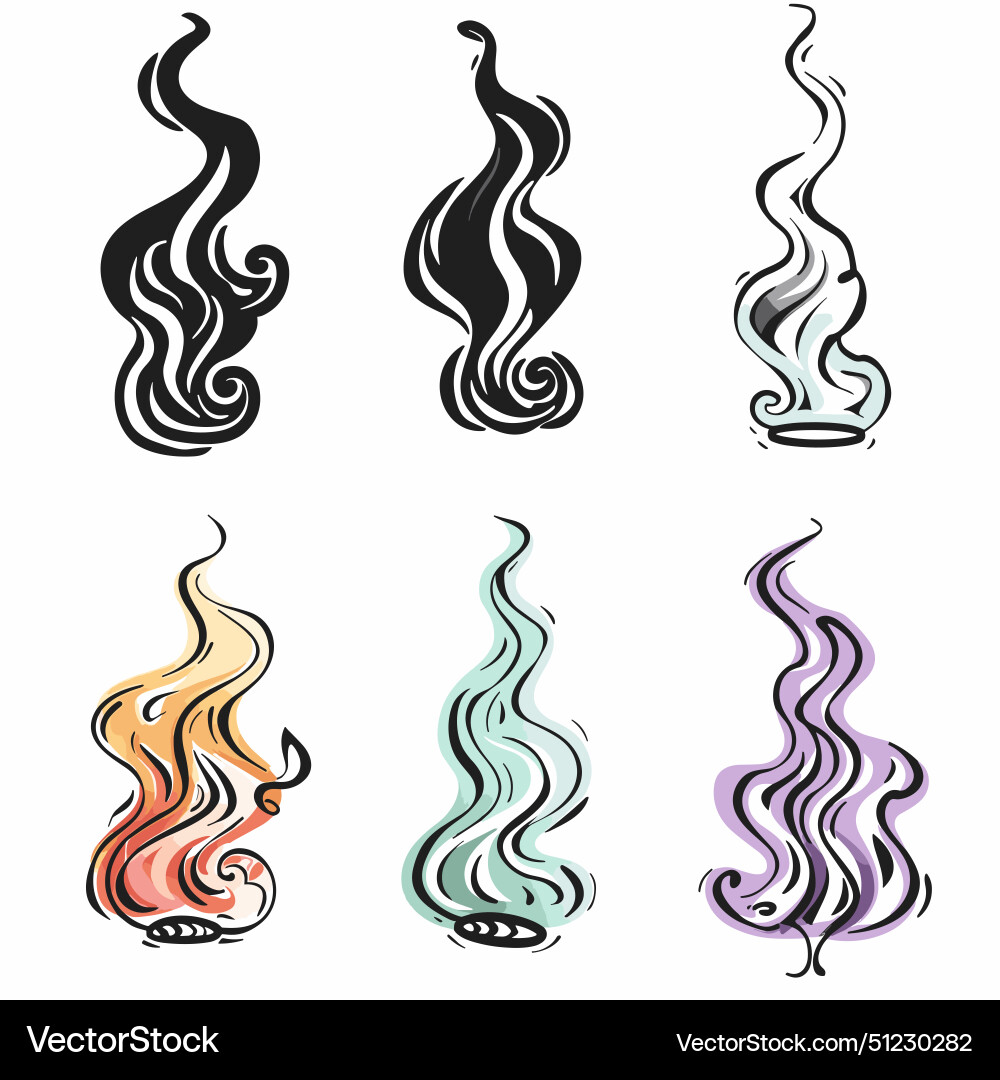 Six stylized smoke swirls various colors ranging Vector Image