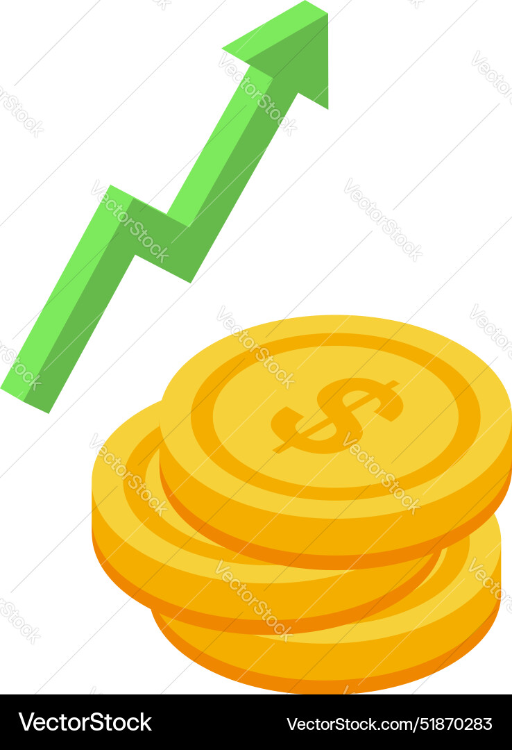 Green arrow growing over stack of increasing gold Vector Image