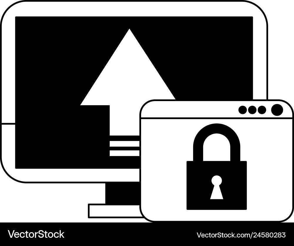Pc with secure cloud in black and white Royalty Free Vector