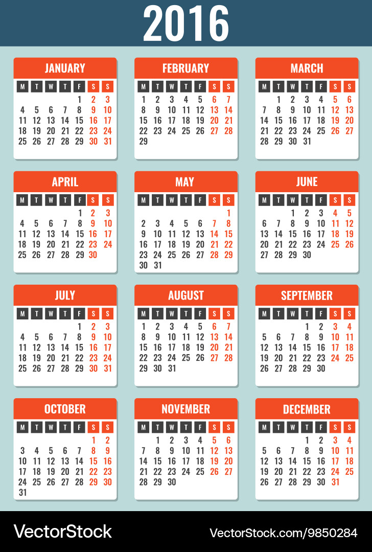 Calendar for 2016 week starts monday simple Vector Image