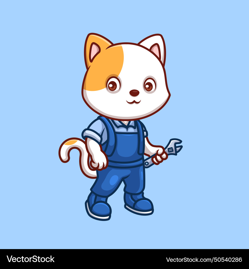 Mechanic white cat cute cartoon Royalty Free Vector Image