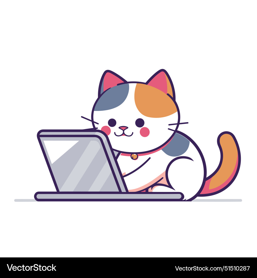 Animated calico cat using laptop cartoon style Vector Image