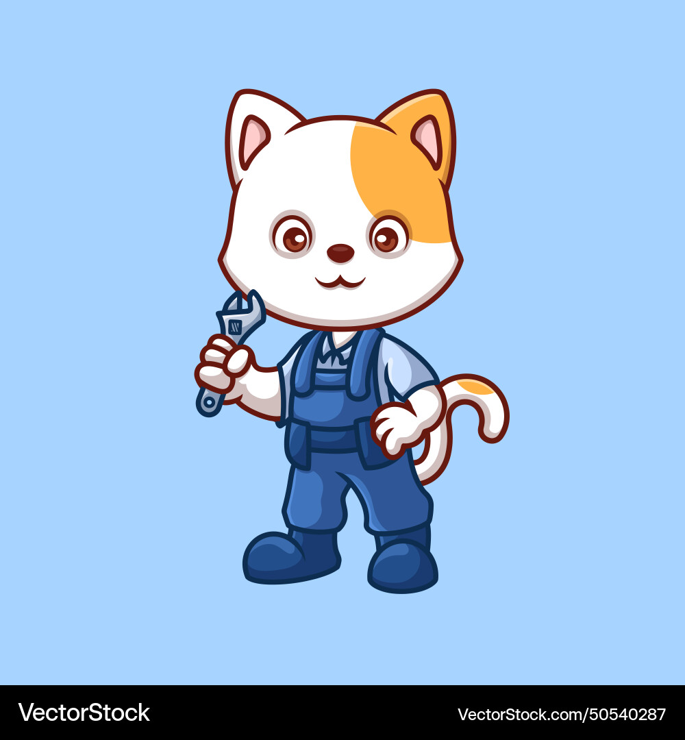 Mechanic white cat cute cartoon Royalty Free Vector Image