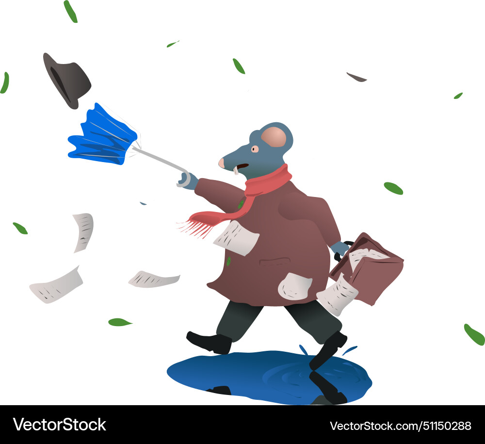 Cartoon character fat rat in coat on strong wind Vector Image