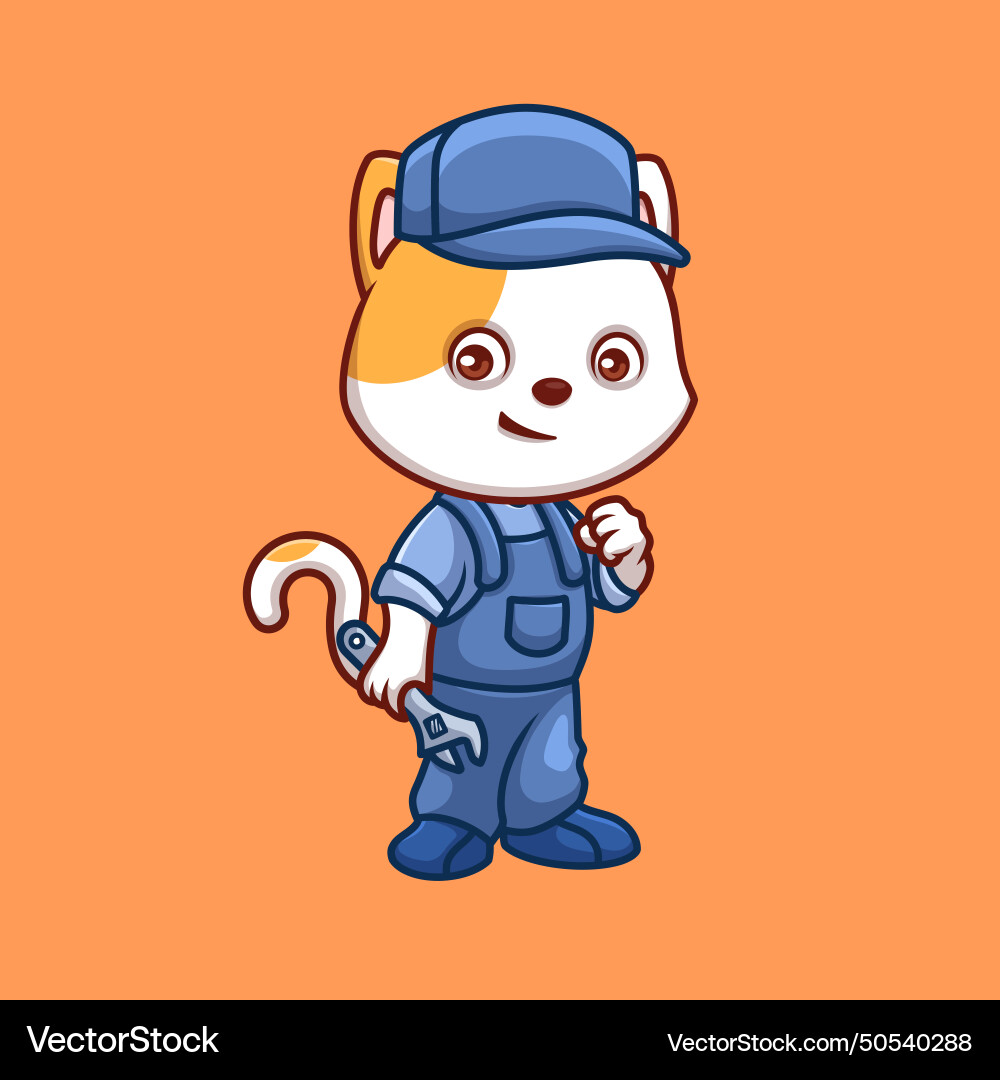 Mechanic white cat cute cartoon Royalty Free Vector Image