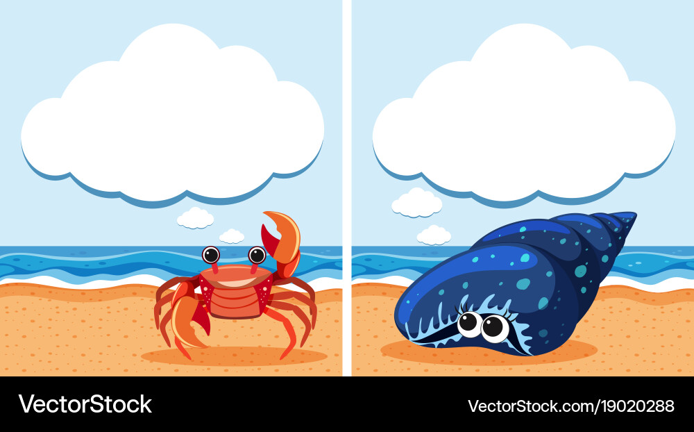 Two scenes with crab and shell Royalty Free Vector Image