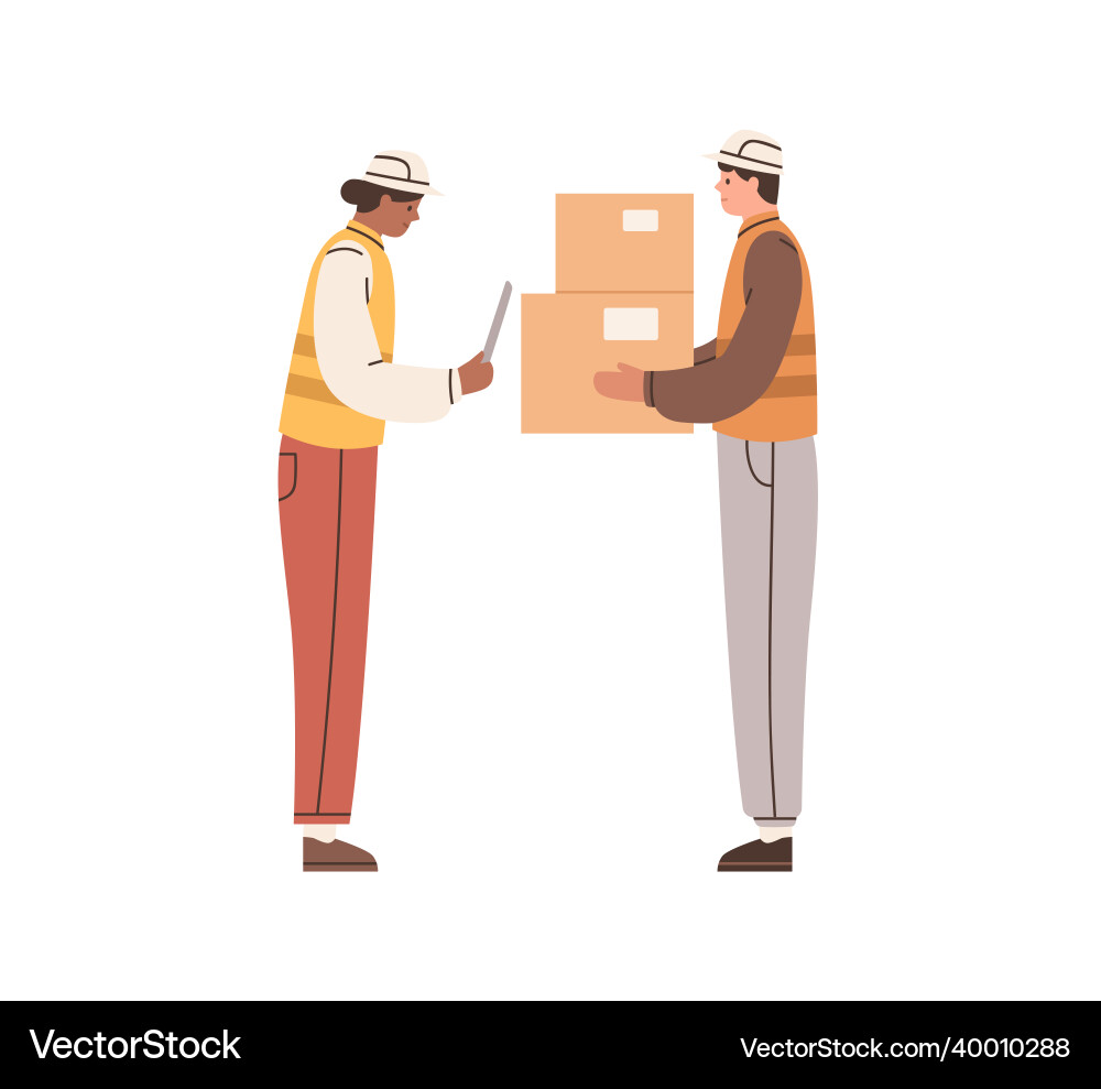 Warehouse workers scanning qr code on cardboard Vector Image