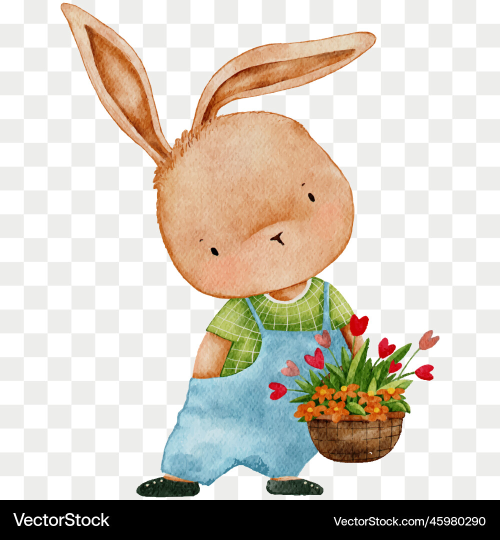 Cute rabbit holding flowercartoon watercolour Vector Image