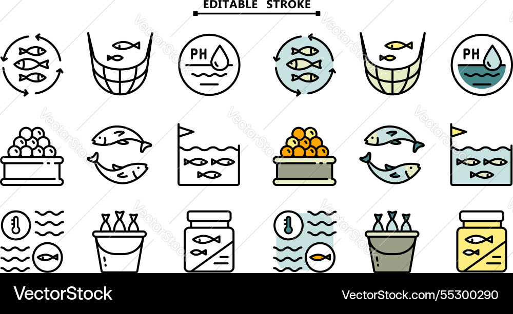 Fish farm icons set editable stroke color Vector Image
