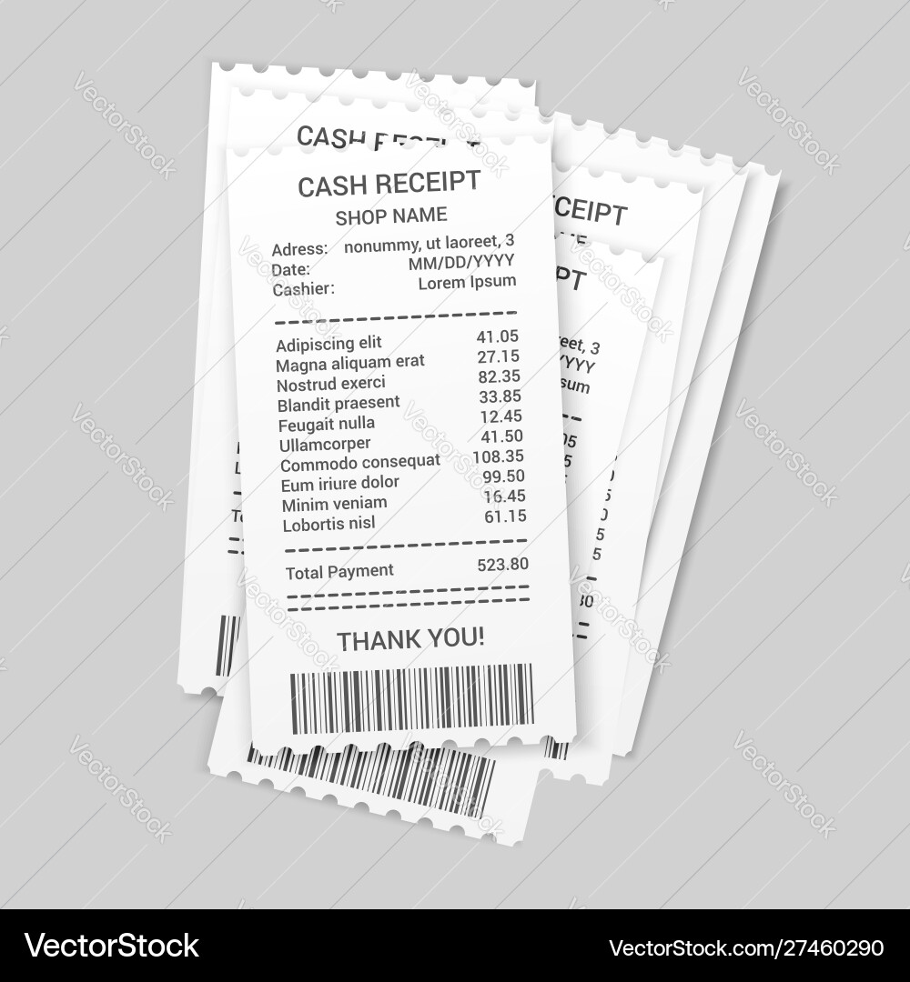 Pile paper cash receipts template Royalty Free Vector Image