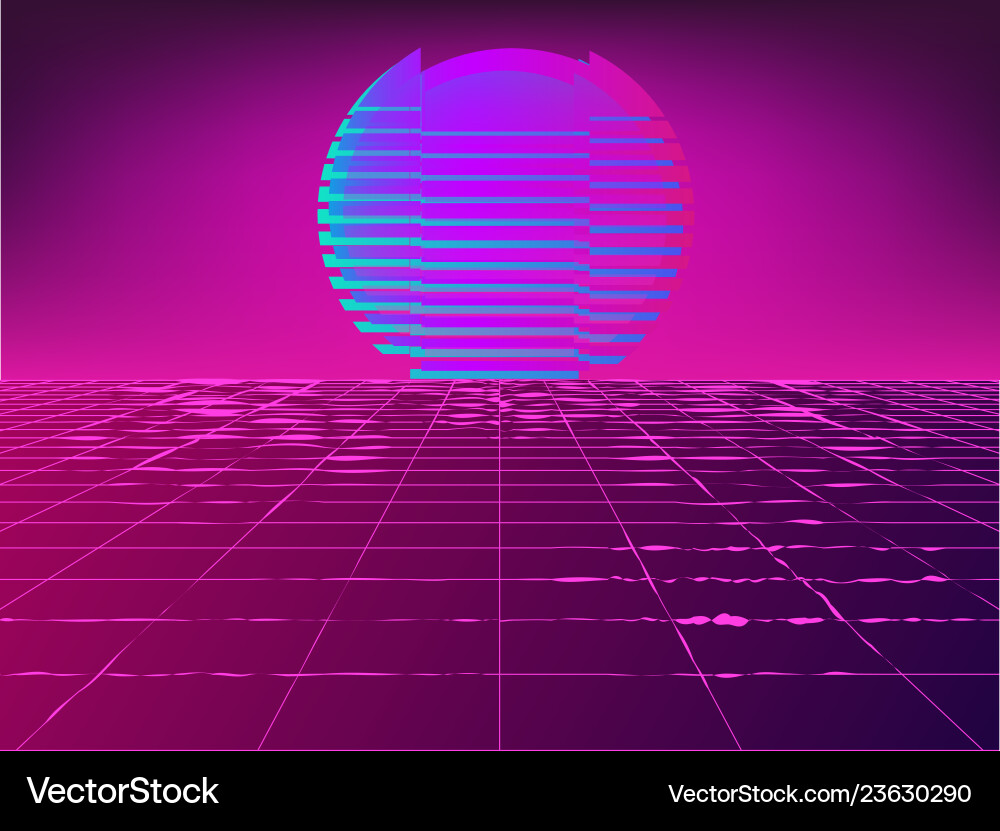 Retro 1980s glowing neon sun background Royalty Free Vector