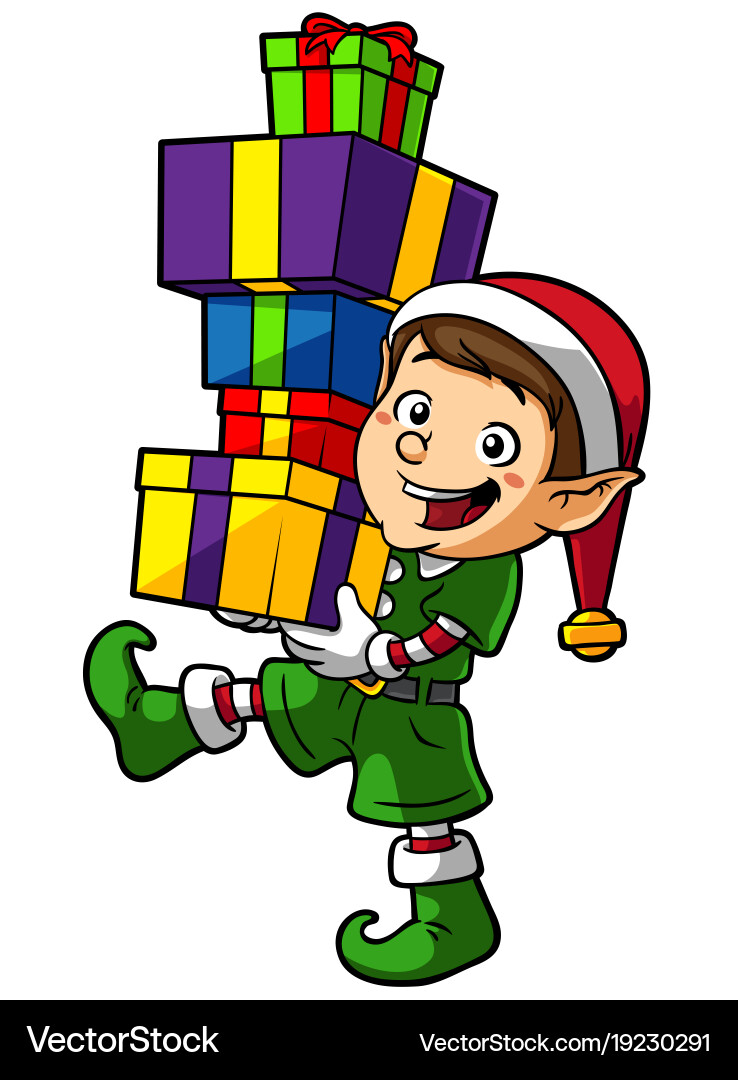 Cartoon elf boy carrying gifts Royalty Free Vector Image