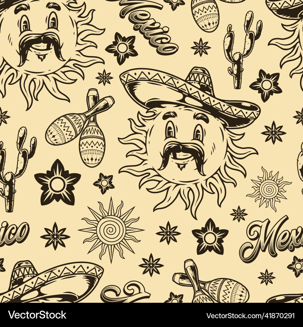 Cartoon mexican sun seamless pattern Royalty Free Vector
