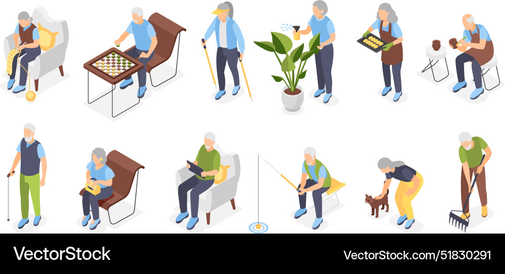 Isometric elderly characters old people hobbies Vector Image