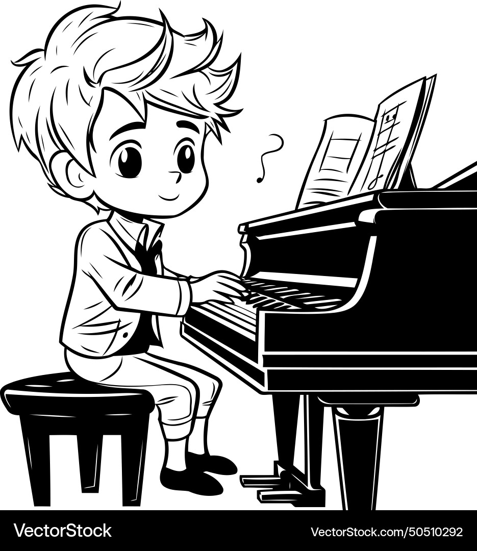 Boy playing piano - black and white cartoon Vector Image
