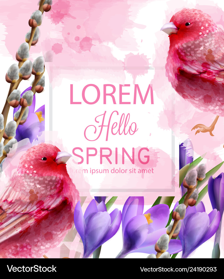 Hello spring card watercolor with cute pink Vector Image