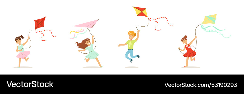 Kid character flying kite with string in the air Vector Image