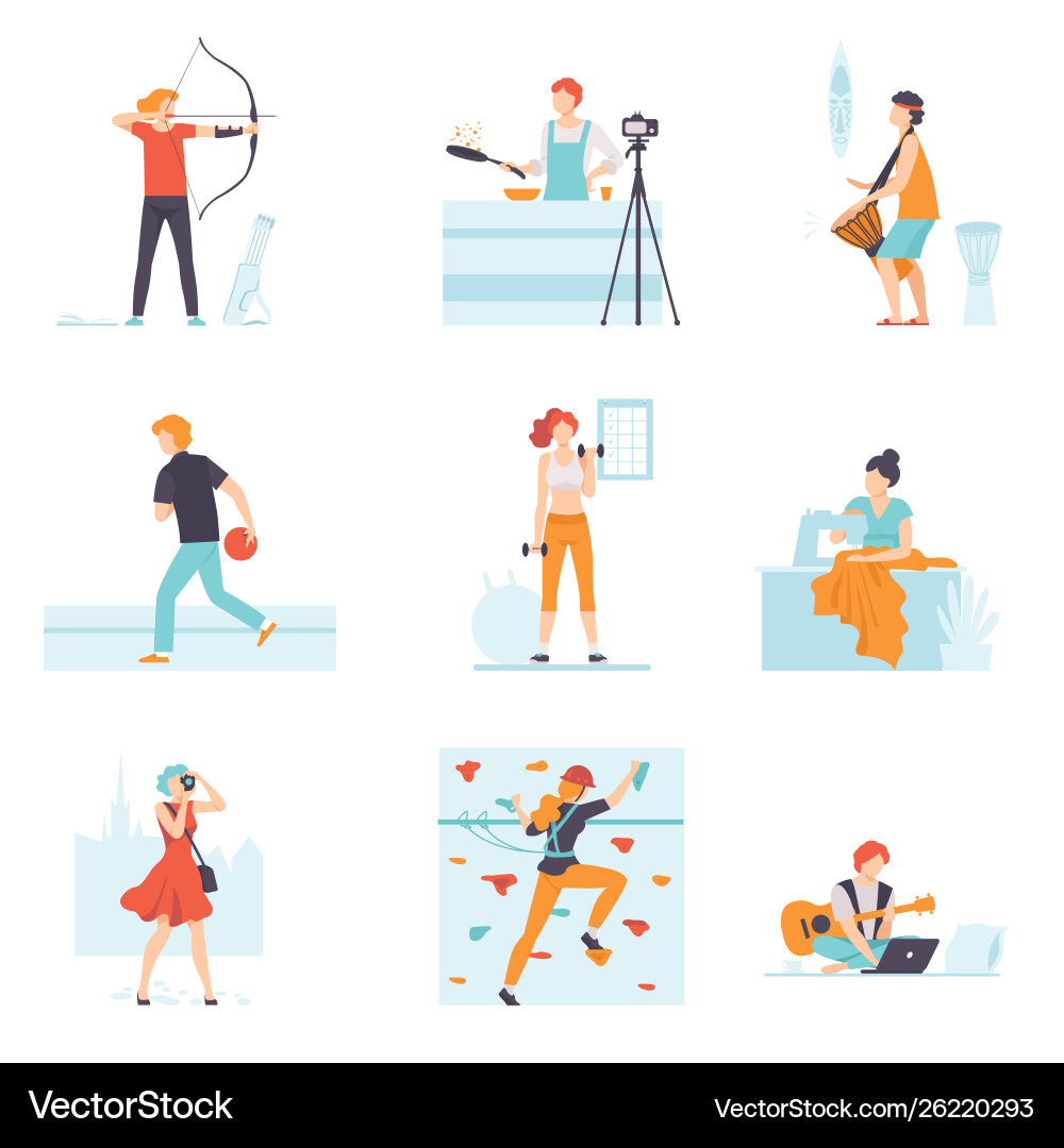 People enjoying various hobbies set Royalty Free Vector