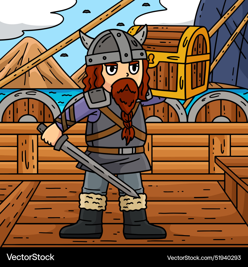 Viking with loot colored cartoon Royalty Free Vector Image
