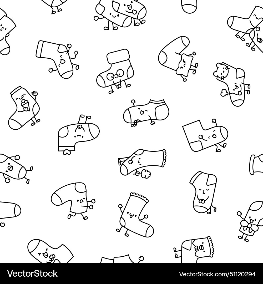 Cute happy sock seamless pattern coloring page Vector Image