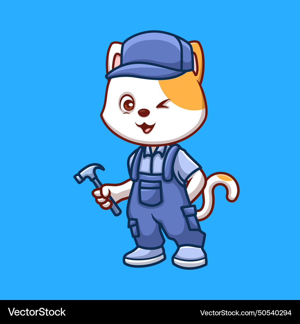 Mechanic white cat cute cartoon Royalty Free Vector Image