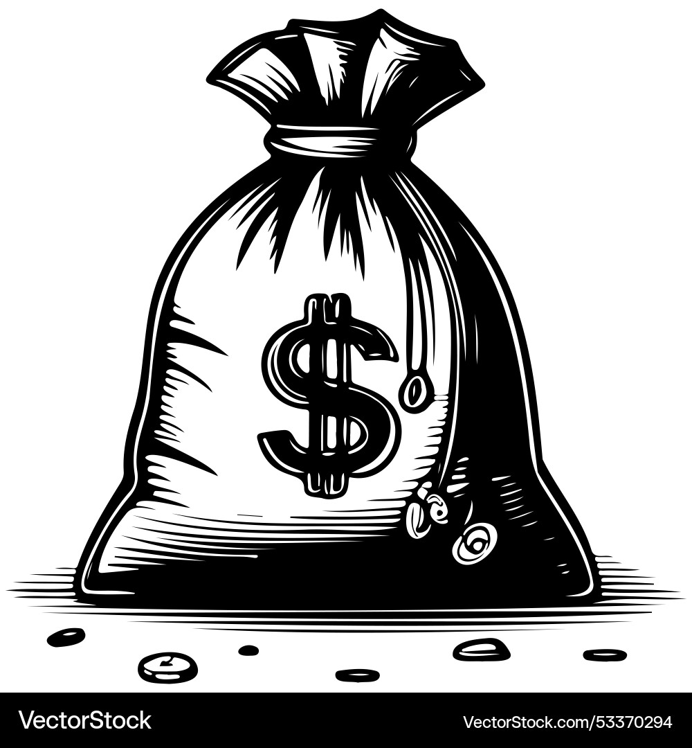 Realistic money bag engrave hand drawn line Vector Image