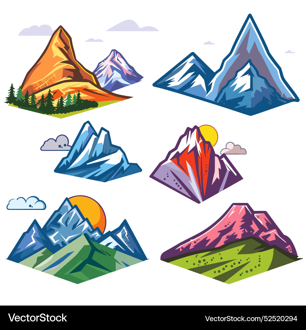 Set colorful mountain ranges cartoon style Vector Image
