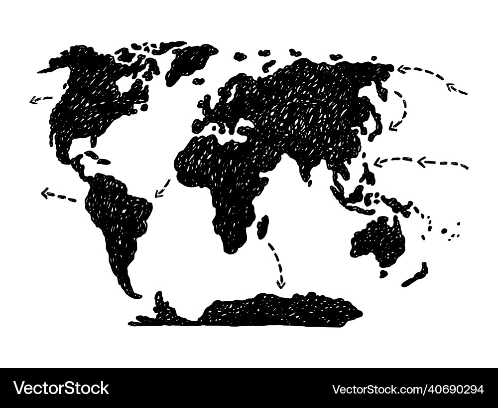 World map with arrows in hand drawn doodle style Vector Image