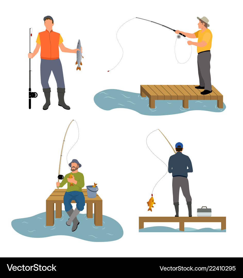 Fisherman catches fish set Royalty Free Vector Image