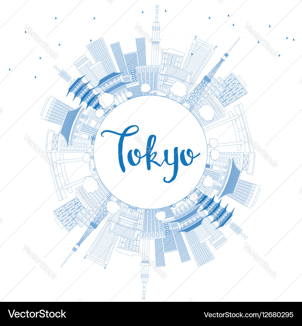 Outline Tokyo Skyline mit blauen Gebäuden Vektorbild