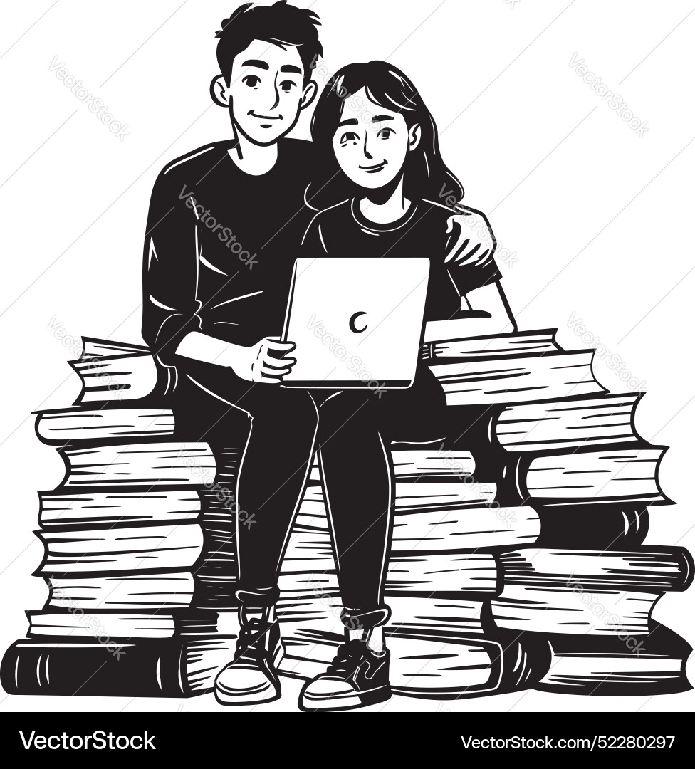 Couples coding together laptop atop books Vector Image