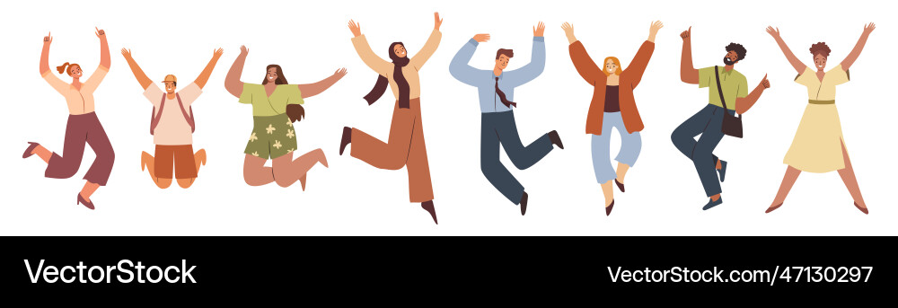 Happy characters jumping from joy people have fun Vector Image