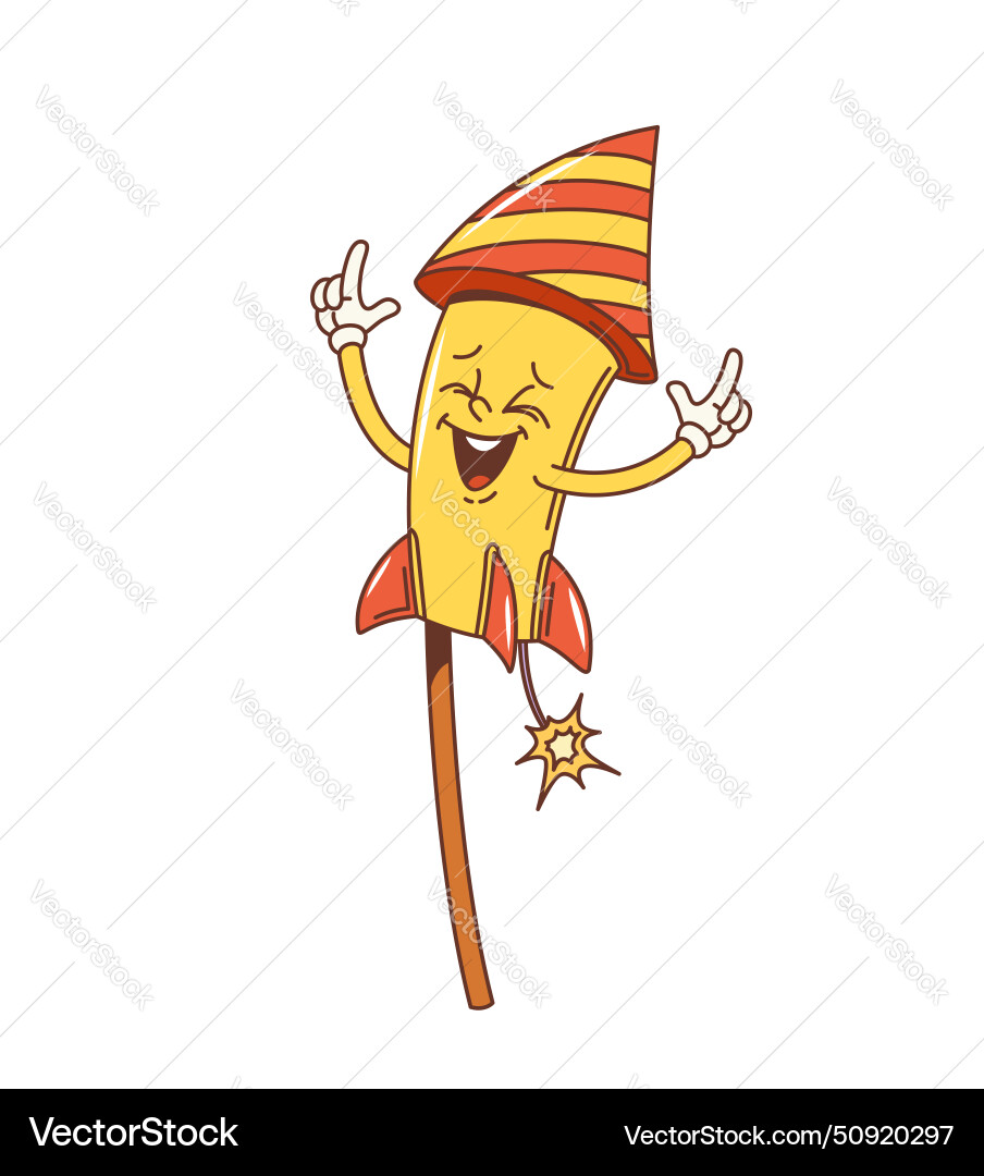 Retro cartoon groovy firework rocket character Vector Image