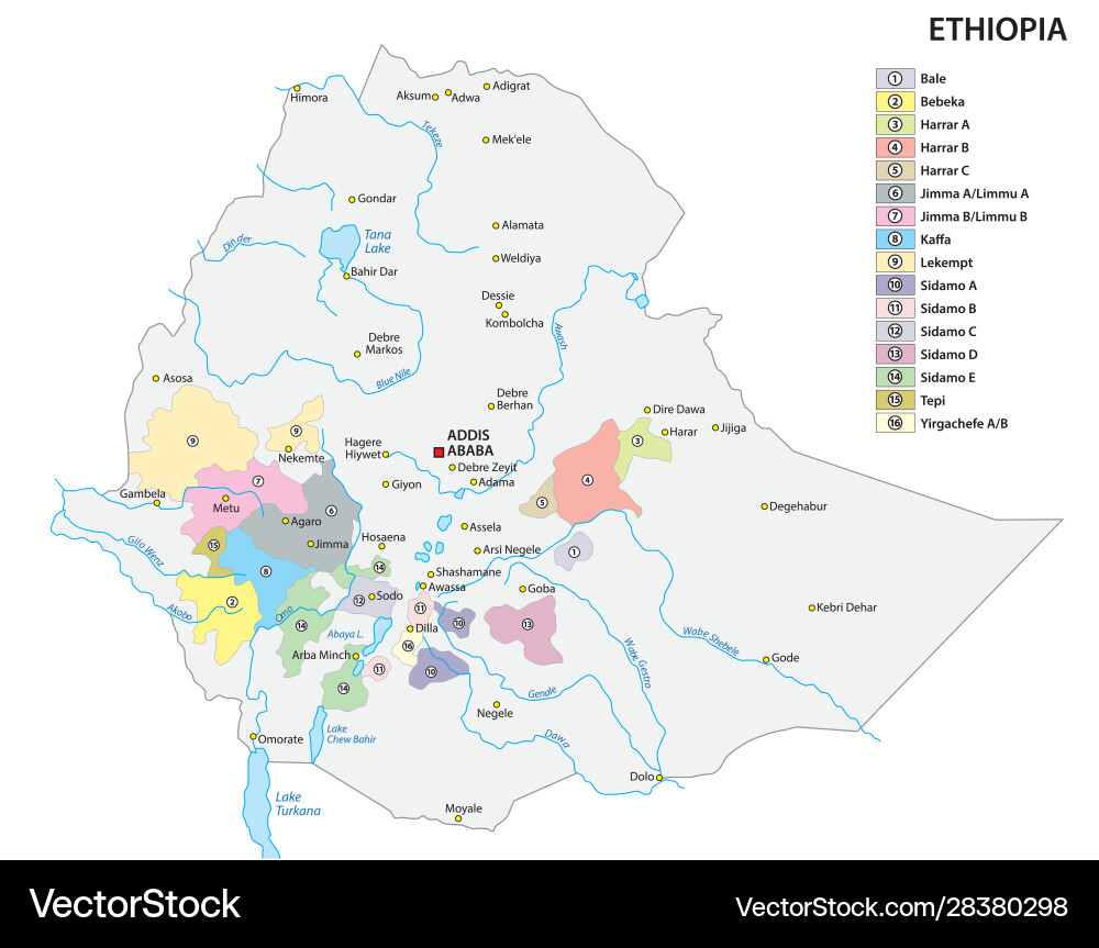 Map coffee growing regions ethiopia Royalty Free Vector