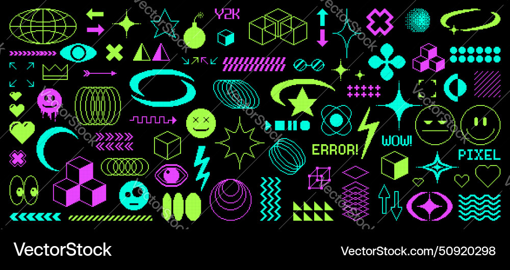 Pixel y2k groovy rave techno psychedelic elements Vector Image
