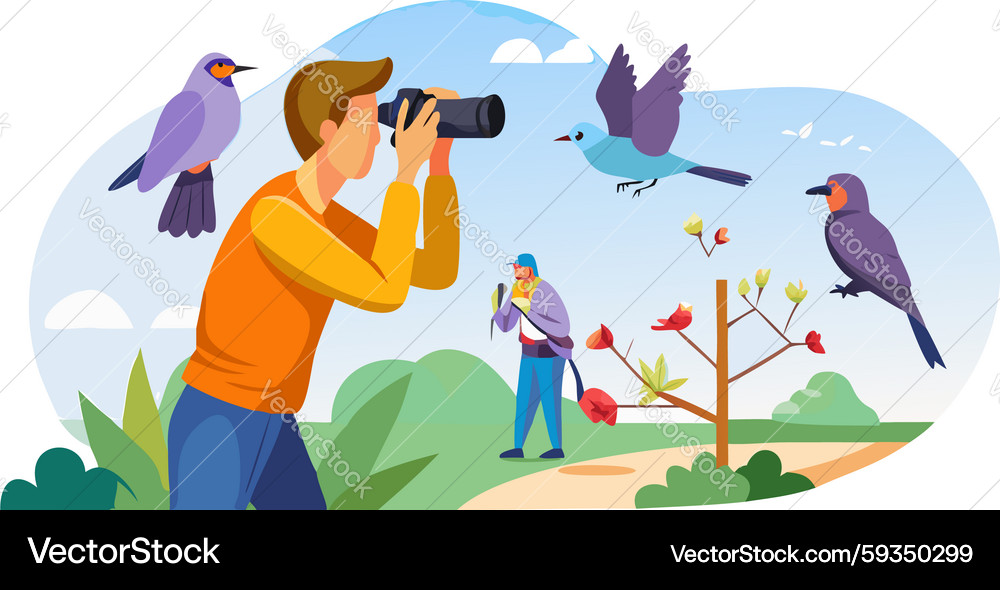 People Observing Birds in Park Royalty Free Vector Image