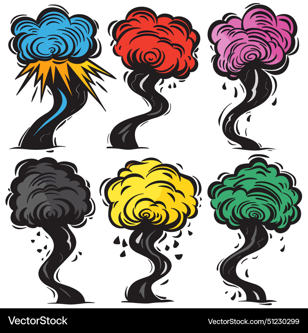 Six cartoon explosions swirls different colors Vector Image