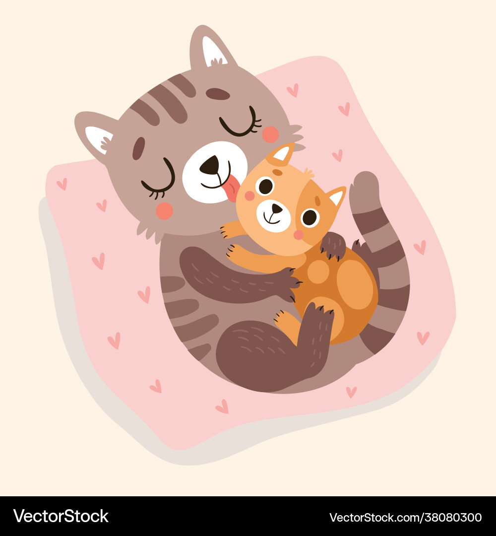 Cat and kitten hug kiss Royalty Free Vector Image
