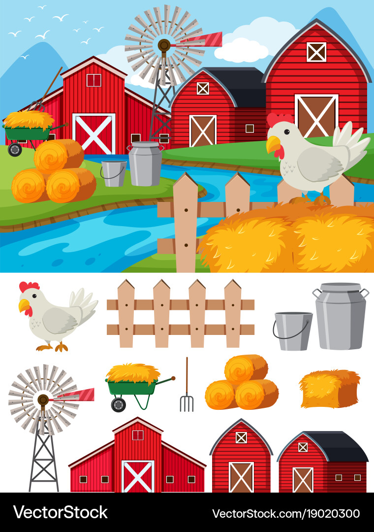 Farm elements and scene at daytime Royalty Free Vector Image