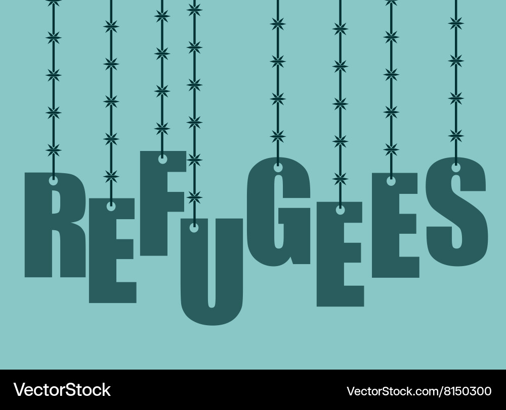 Refugees text hanging by barbed wire Royalty Free Vector